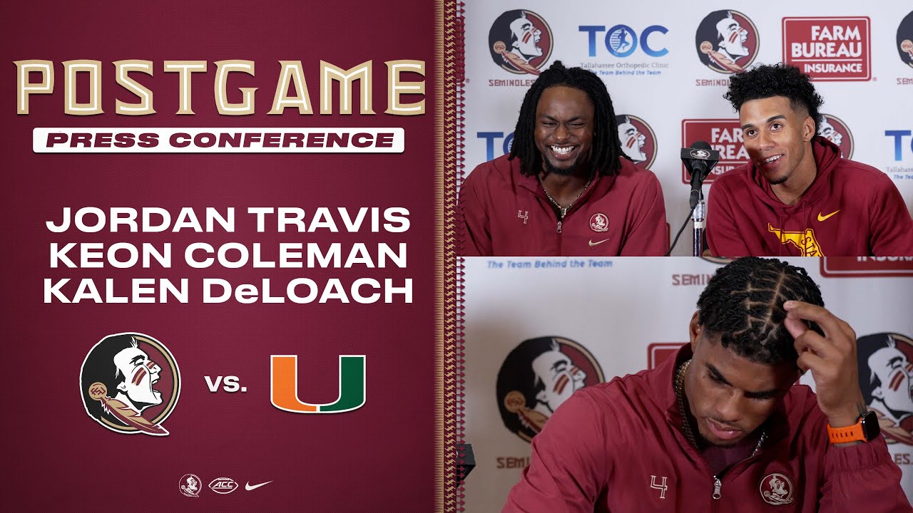 JORDAN TRAVIS, KEON COLEMAN, & KALEN DOLOACH | MIAMI Post-Game Press ...
