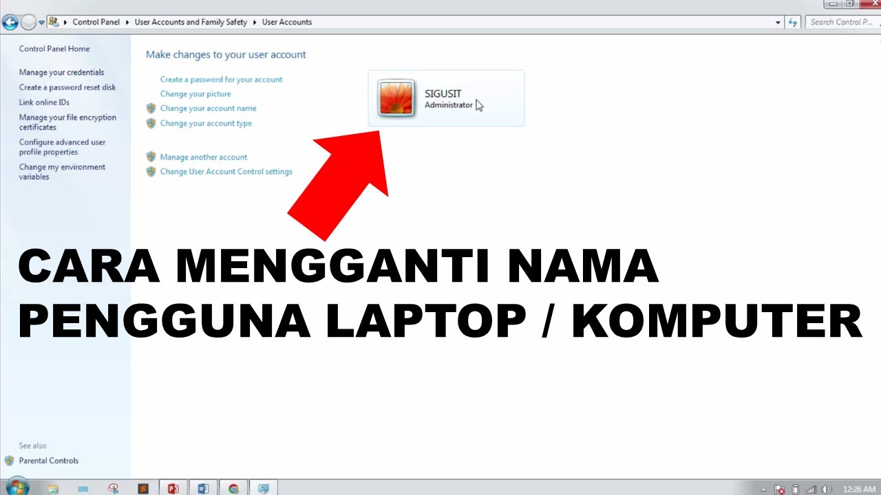 cara mengganti nama pengguna laptop - YouTube