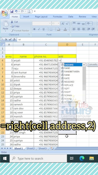 MS Excel right formula, me Excel formula and function, #shortvideo #excel future Life computer ...