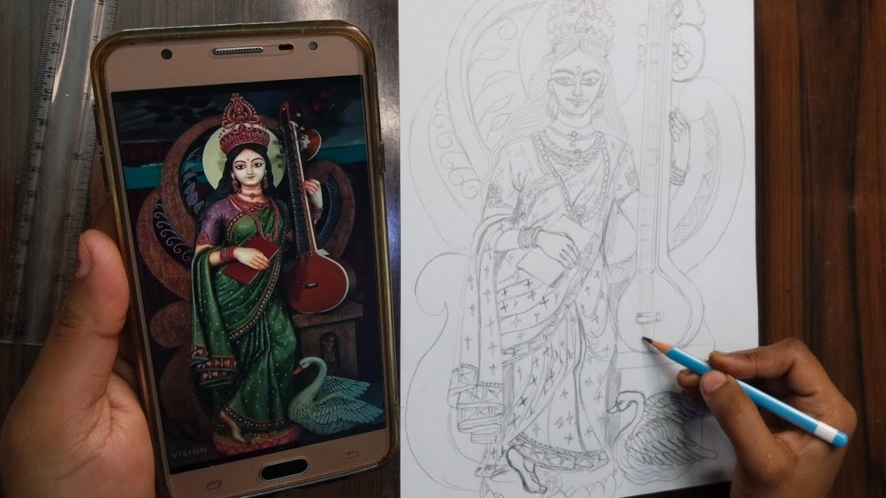 saraswati Ji ki Simple drawing/saraswati devi Outline/Easy Step to draw goddess saraswati # ...