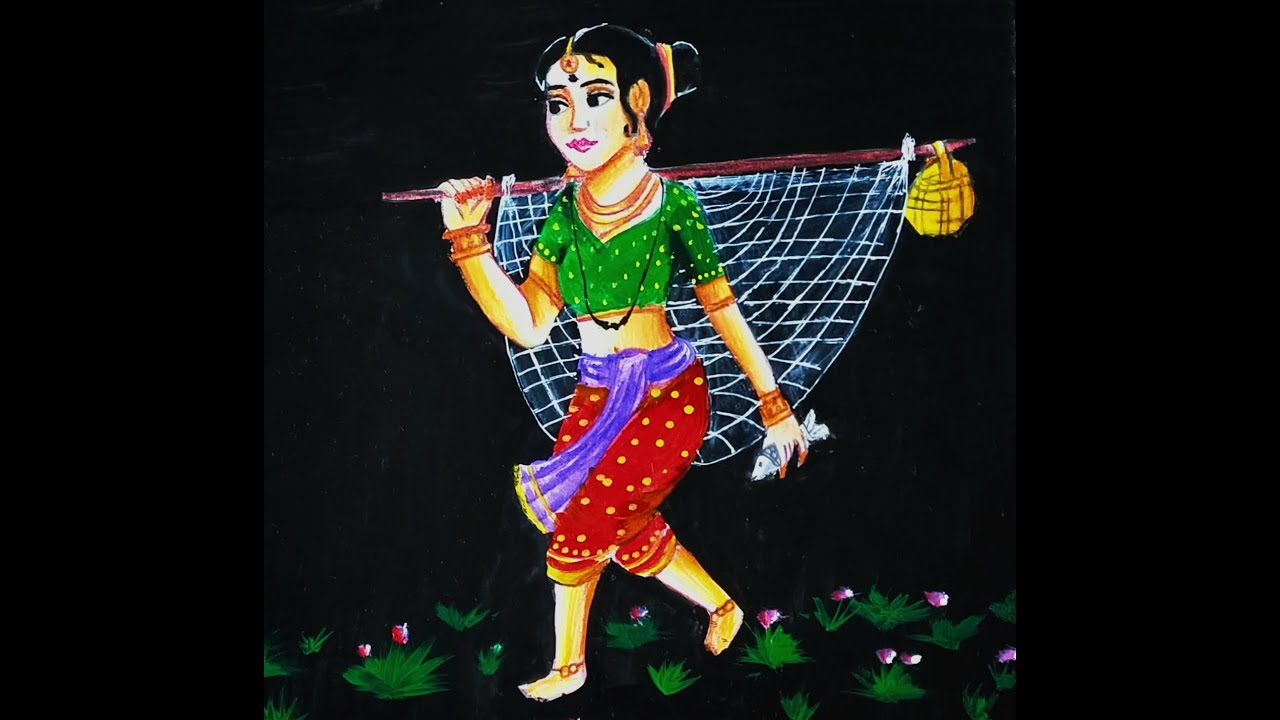 Fisher woman drawing | How to draw fisher woman | Pencil colour and ...