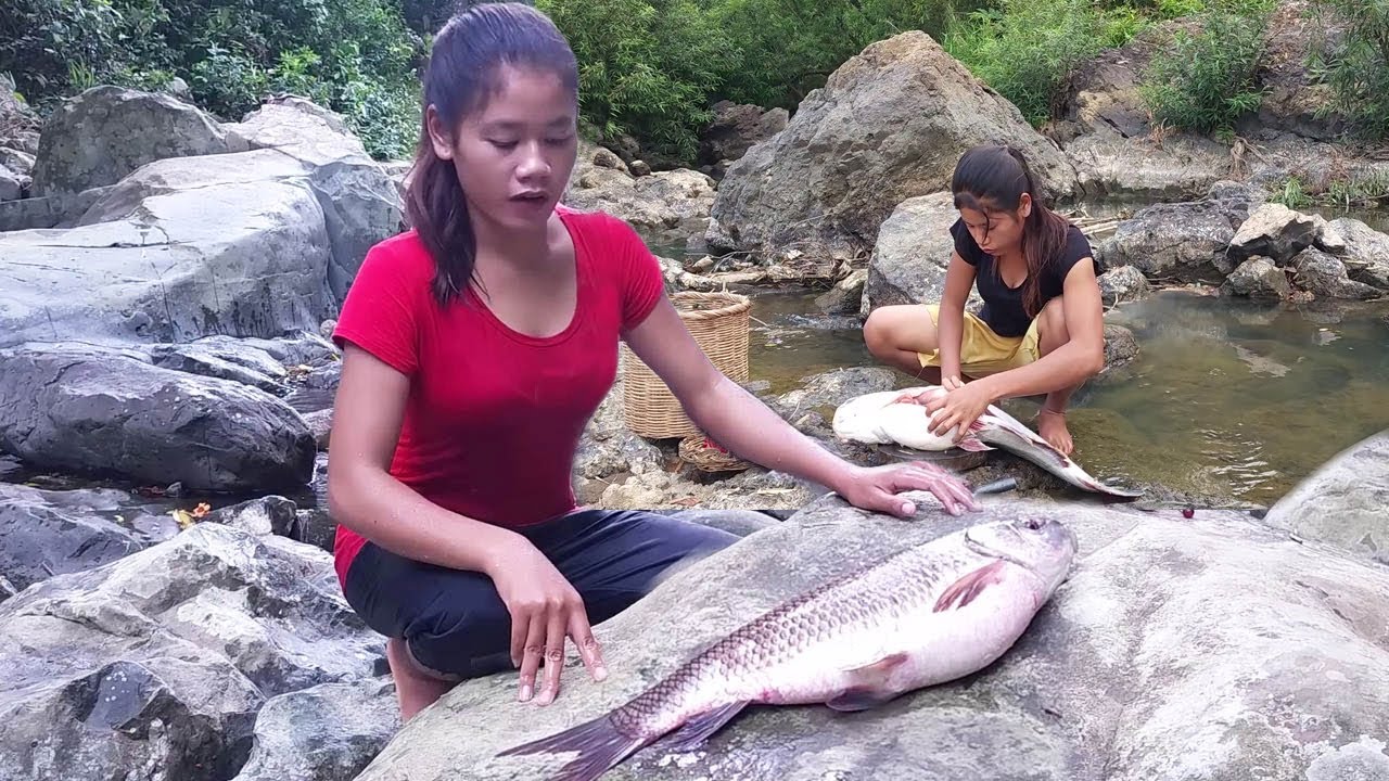 Wow Big Fish! Catching Fish from river and boiling fish soup for lunch ...