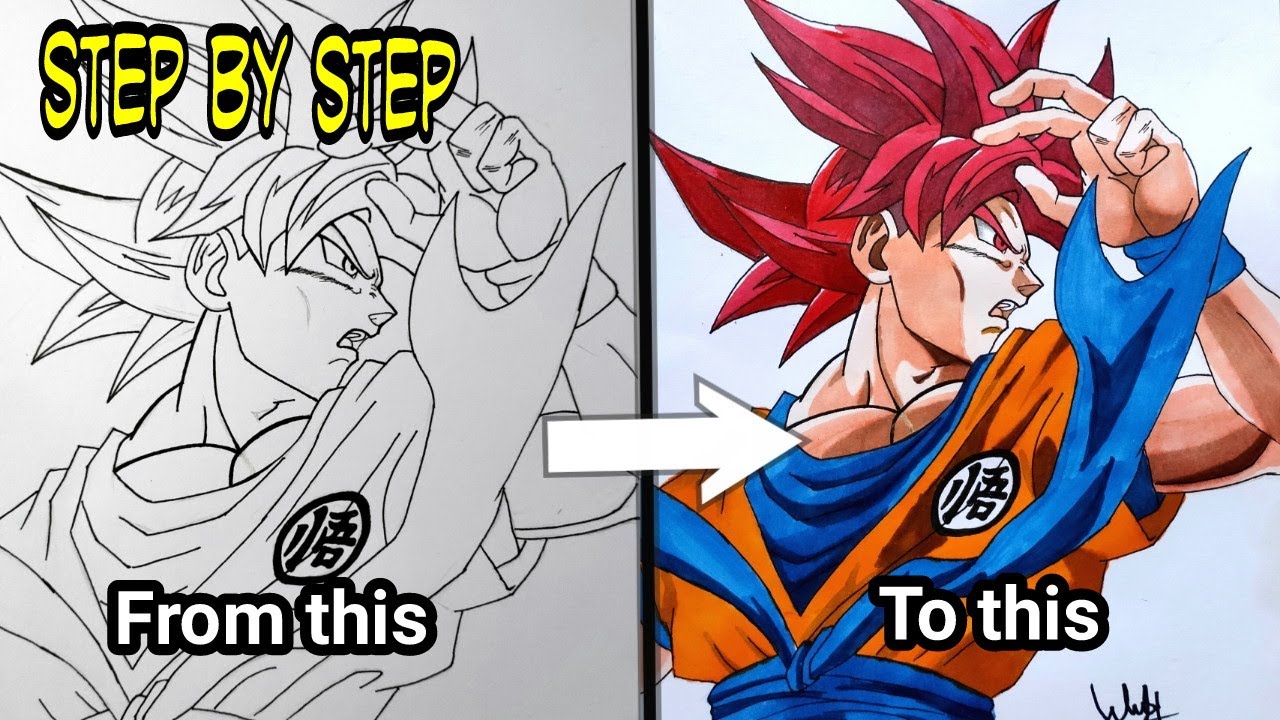 How to draw GOKU Super Saiyan god - Artline to coloring - YouTube
