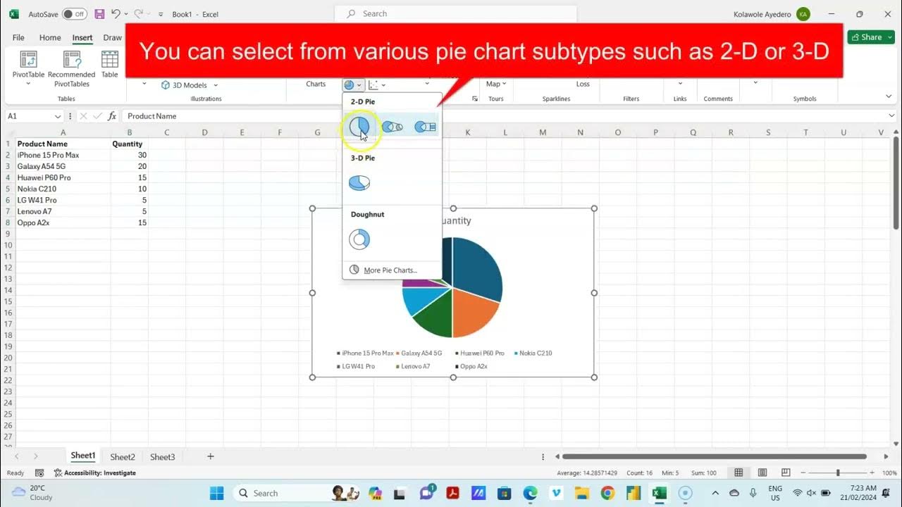 Creating a Pie Chart Using Insert Chart | Excel Tutorial - YouTube