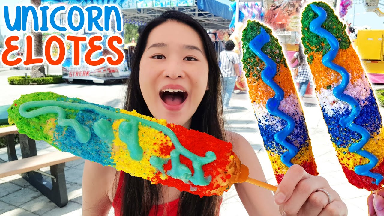 Eating Unicorn Elotes at LA County Fair! Colorful Rainbow Corn ...