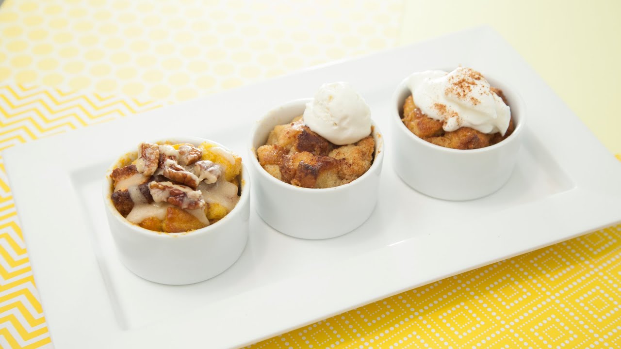 3 MINI HOLIDAY BREAD PUDDINGS (EGGNOG; CINNAMON APPLE, & PUMPKIN) - YouTube