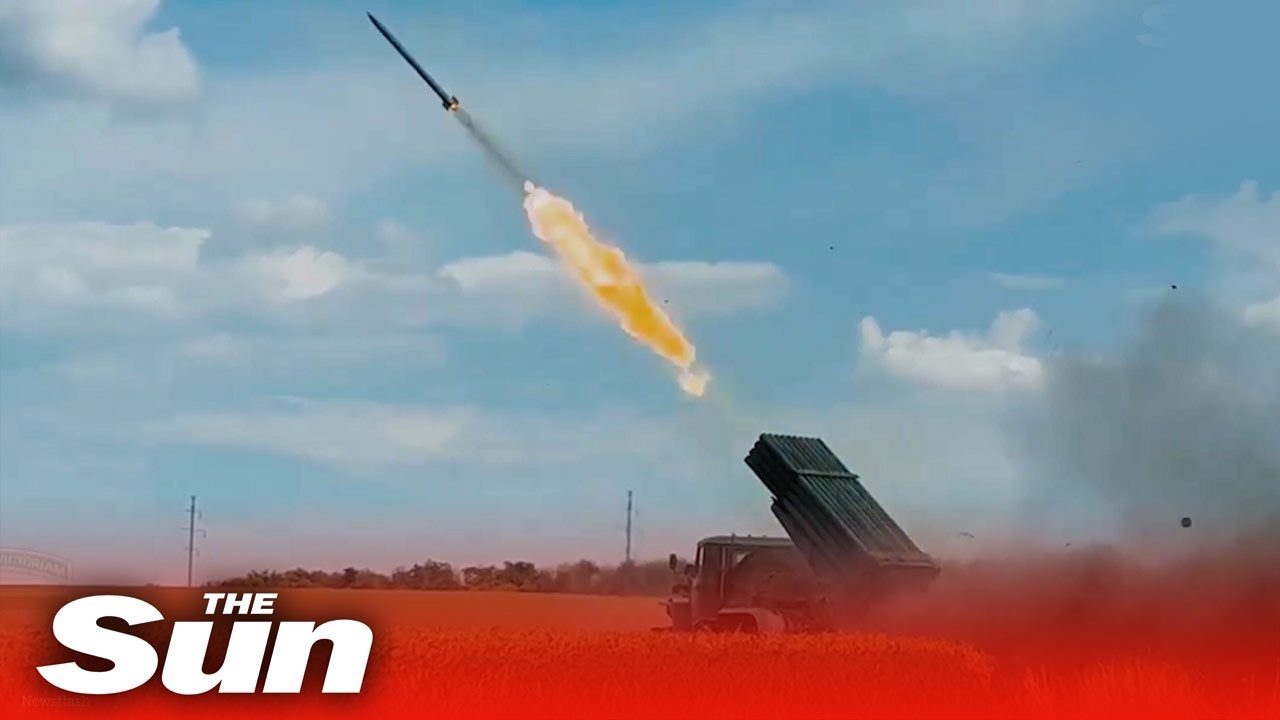 Ukrainian multiple rocket launcher vehicle fires missile Salvos at ...