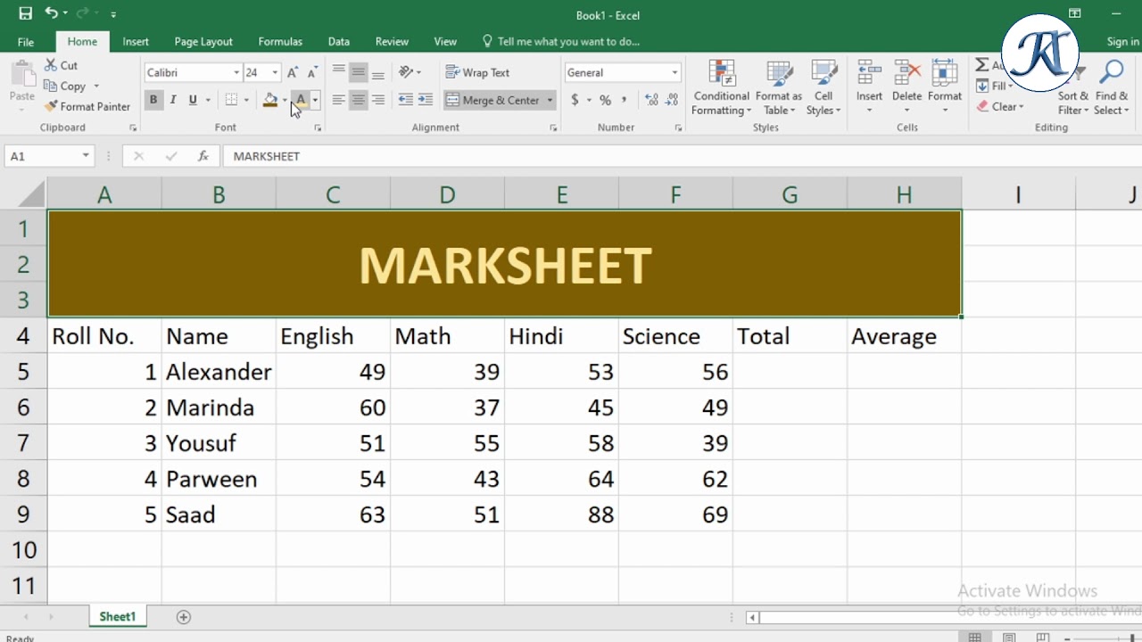 Create Marksheet In Ms Excel 2016 Sum And Average Function Microsoft Office Excel Tutorial