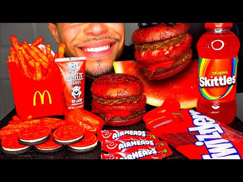 ASMR EATING RED FOOD MUKBANG JERRY HOT CHEETOS MCDONALD'S BIG MAC FRIES OREOS FRUIT NO TALKING
