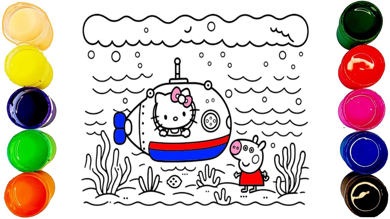 🐱🐷Hello Kitty and Peppa Pig in a Submarine, Coloring for Kids and ...