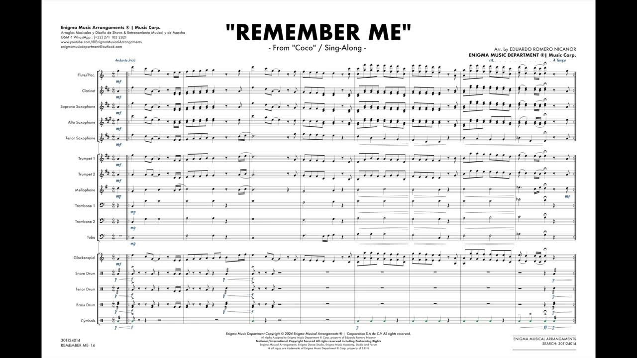 Remember me l From "Coco" / Sing Along | Arrangement for Marching band ...