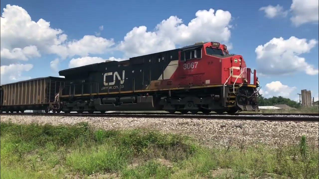 CN 3067 leads loaded coal train with CN 3190 as rear DPU - YouTube