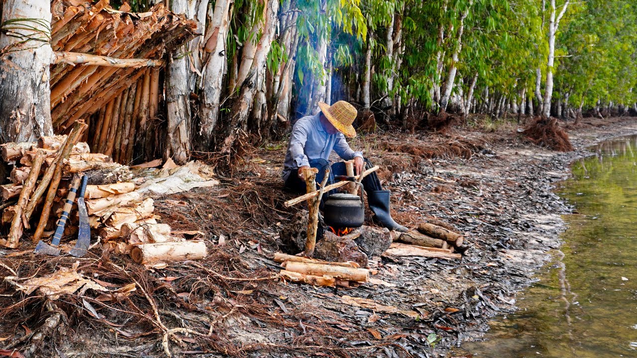 Build a camp made of warm wood as a shelter for traveling in the forest ...