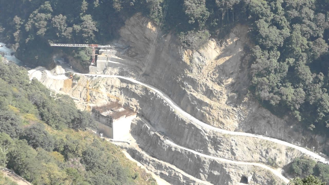 Panorama of hydroelectric dam project and Trongsa Dzong, Bhutan, 2015 ...