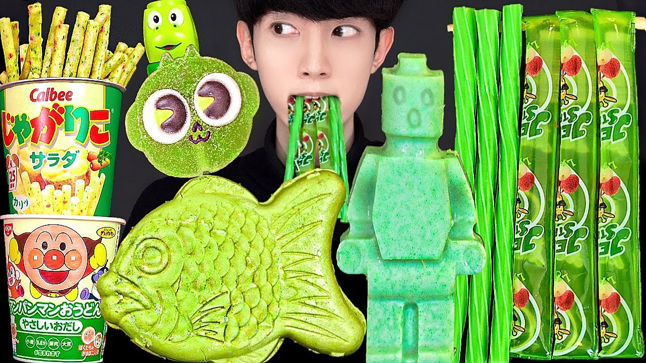 ASMR GREEN FOOD DESSERTS RECIPE PARTY 그린 음식 디저트 먹방 CHOCOLATE JELLY ICE ...