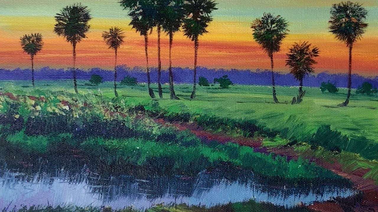 How To Paint A Beautiful Simple Sunset Landscape Painting In Acrylic ...