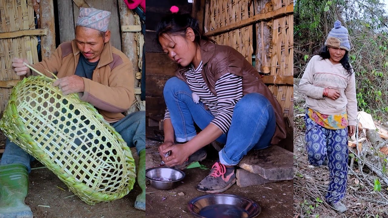 family in the jungle || jungle man is working & his daughter is cooking ...