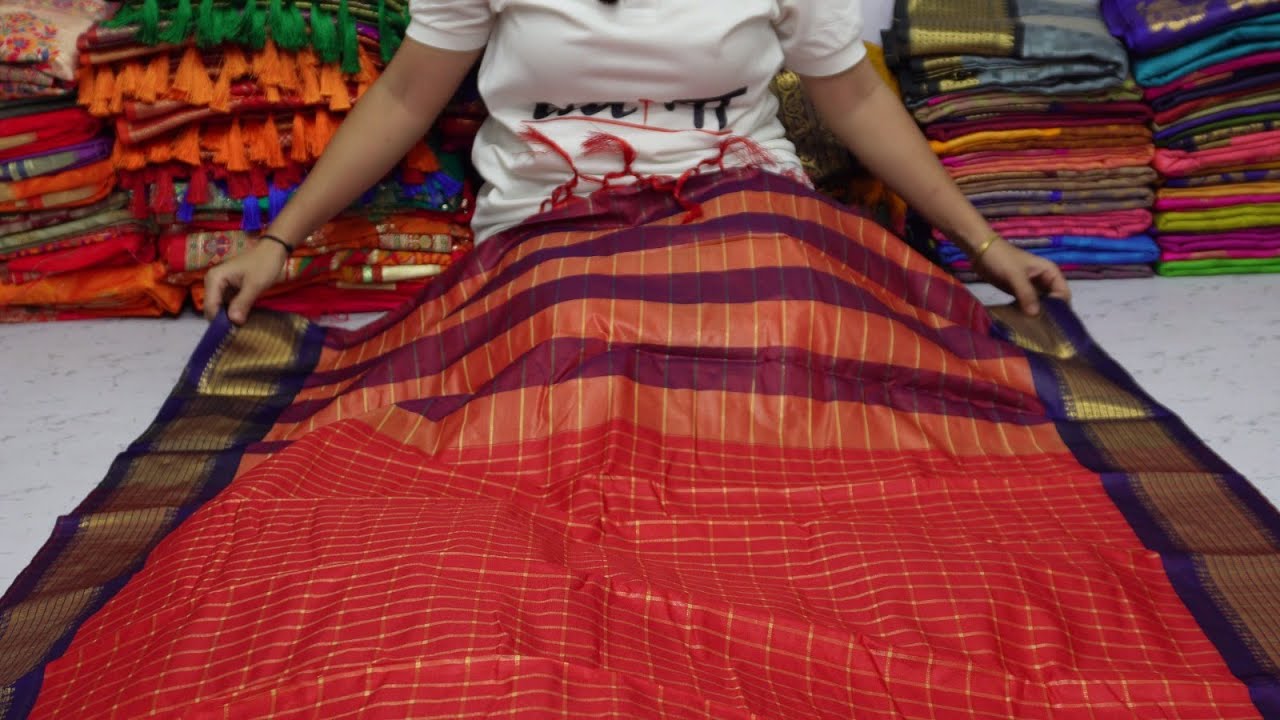 Red Checkered Bollywood Pure Cotton Saree - YouTube