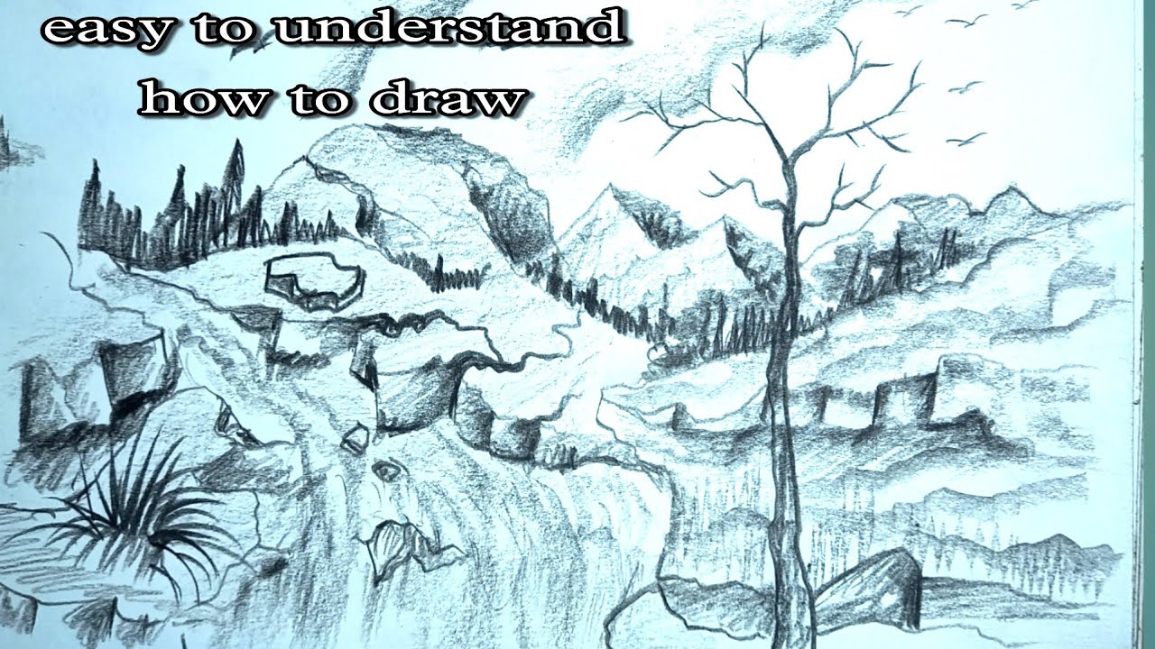 How to draw mountain side landscape, easy to Draw mountain scenery ...