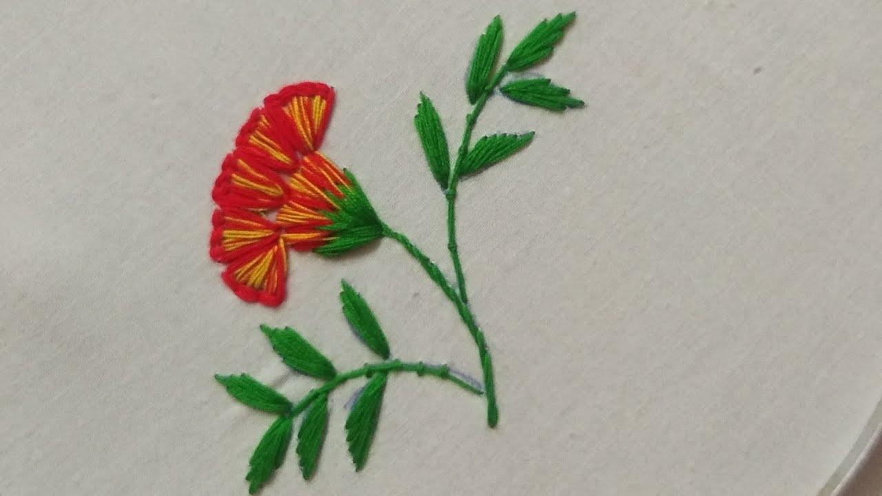 Beautiful marigold flower and leafs stitch design, hand embroidery ...