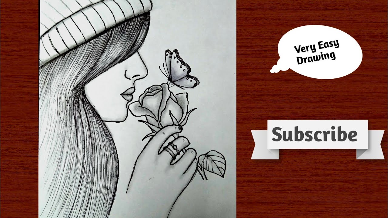 Drawing of a girl smelling rose | Drawing of a girl holding hand a rose ...