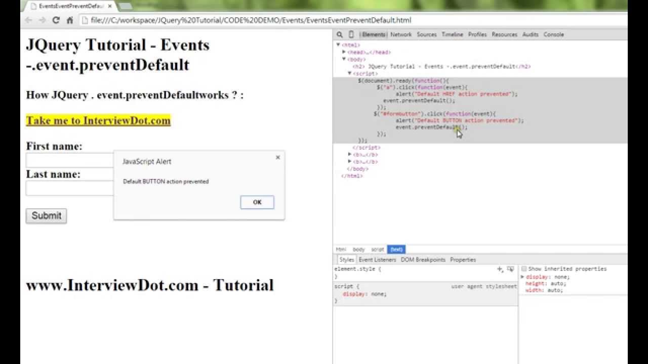 Jquery Event Preventdefault Method Demo Youtube