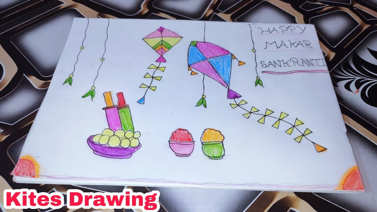 Drawing kites | kite drawing easy | Oil pastel drawing | My First ...
