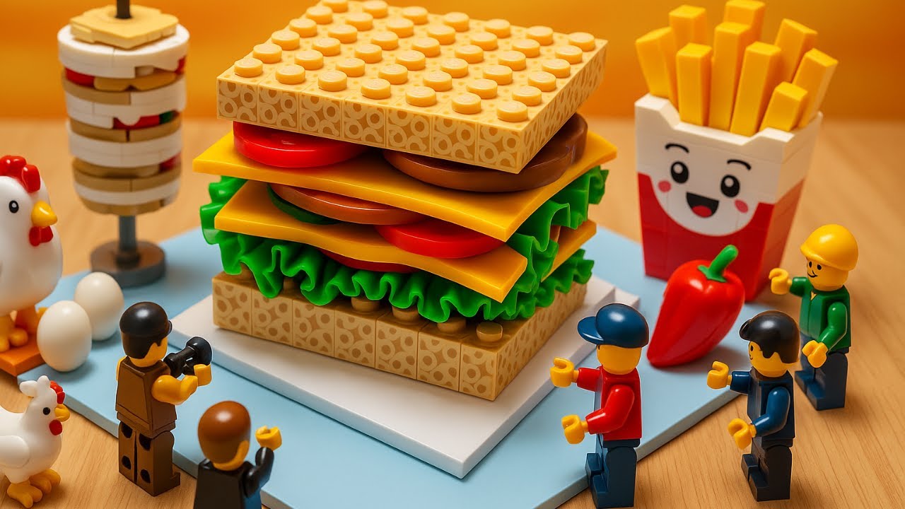 Giant LEGO Sandwich with Funny Minifigures, Hen & Spicy Twist! | No ...