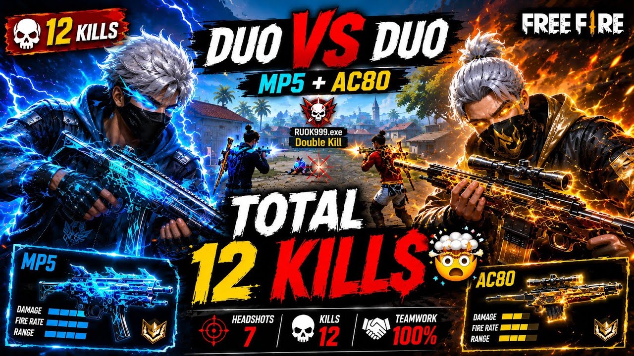 FREE FIRE 🔥 || DUO VS DUO MP5 + AC80 🤯 TOTAL 12 KILLS - GARENA FREE ...