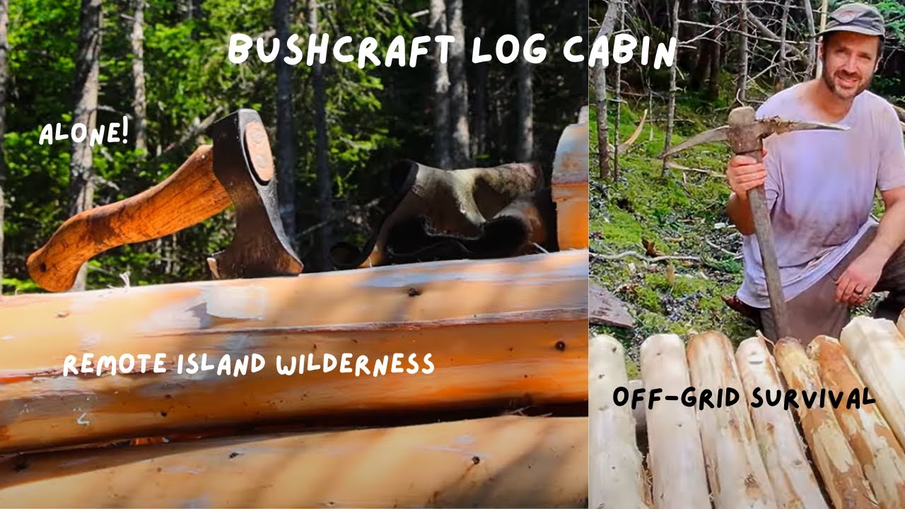 Building An Off-Grid Bushcraft Log Cabin on a Remote Island Alone - YouTube