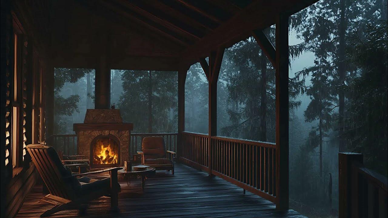 Cozy Rainy Balcony | Heavy Rain Sounds and Crackling Fireplace for Sleep, Relax, Study - YouTube