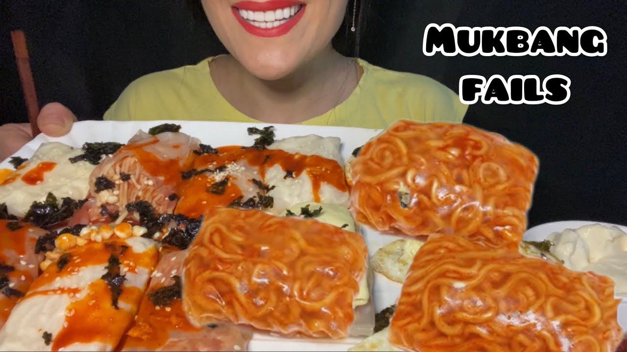 Mukbang fails | Noodles wraps & spicy enoki mushroom | eggs الفيديو ...