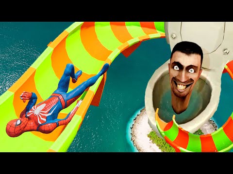GTA 5  Water Slides | Spiderman vs Skibidi TOILET [Euphoria Physics, Falls]