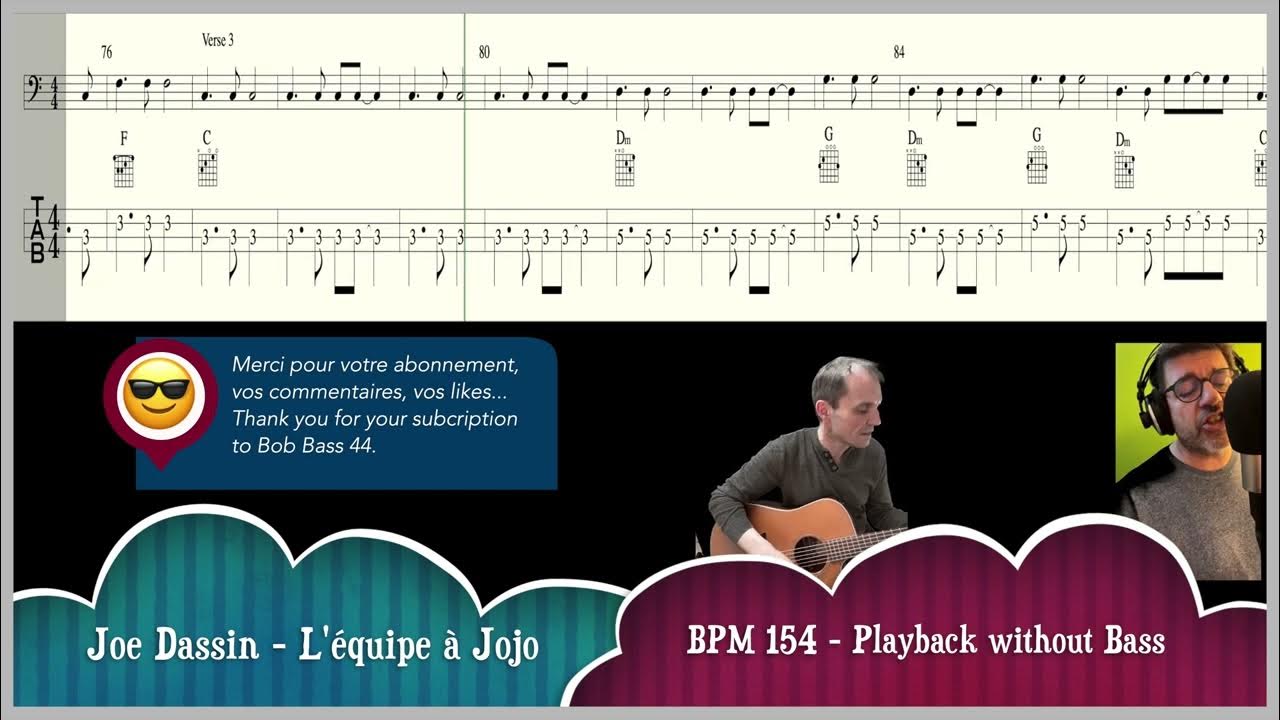 L'équipe à Jojo - Joe Dassin - Backing Track - play along bass guitar or guitar - Tabs - YouTube