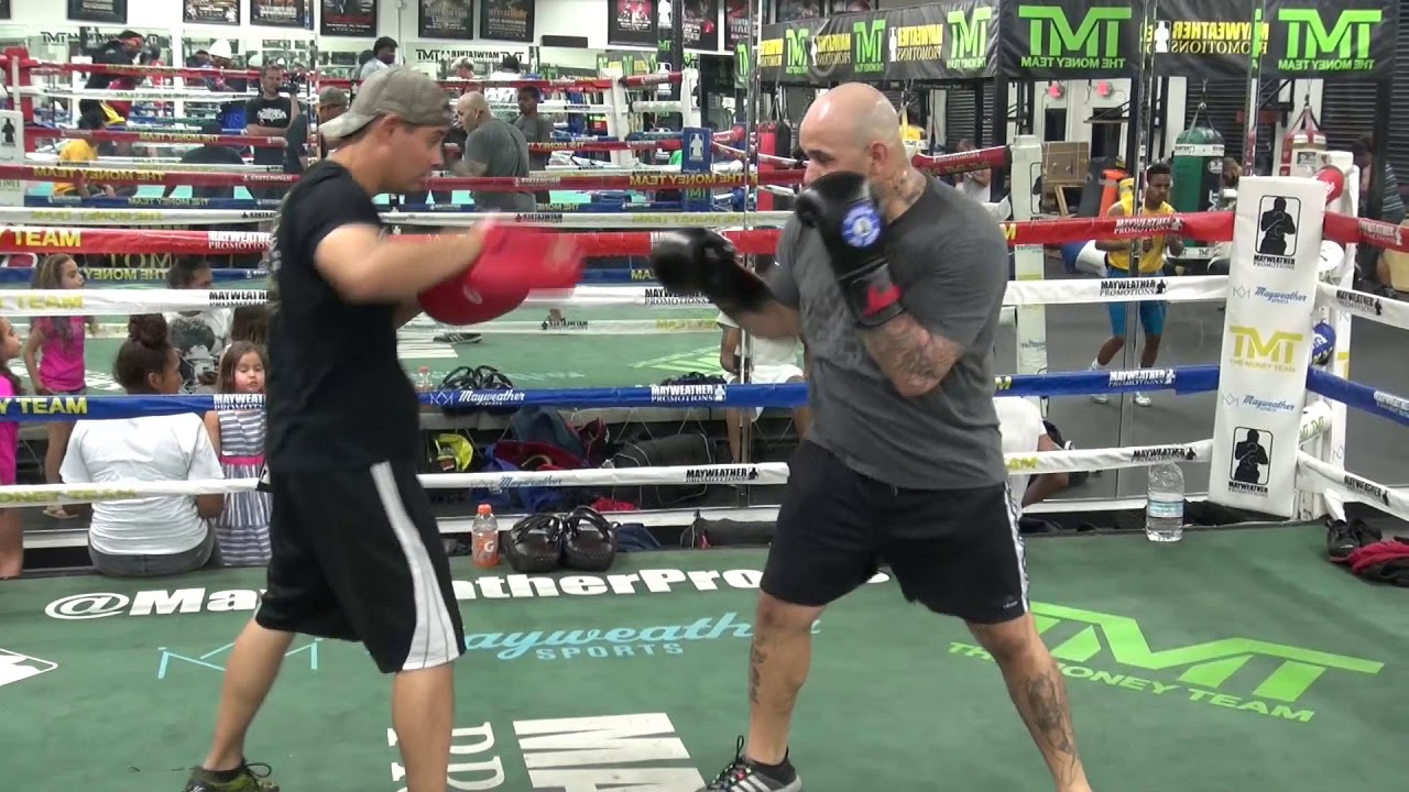 MMA heavyweight Ryan Martinez padwork inside the Mayweather Boxing Club ...