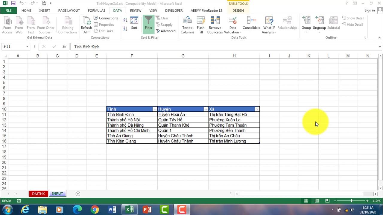 Excel nâng cao | Cách tạo danh sách tỉnh, huyện, xã phụ thuộc nhau với Data Validation - YouTube