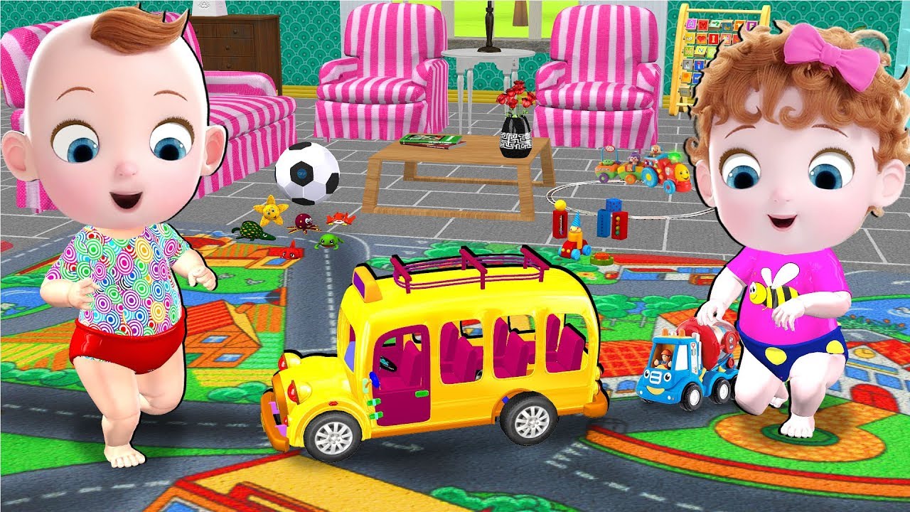 Funny Baby Plays With Bus Toys - Wheels On The Bus Baby Nursery Rhymes ...