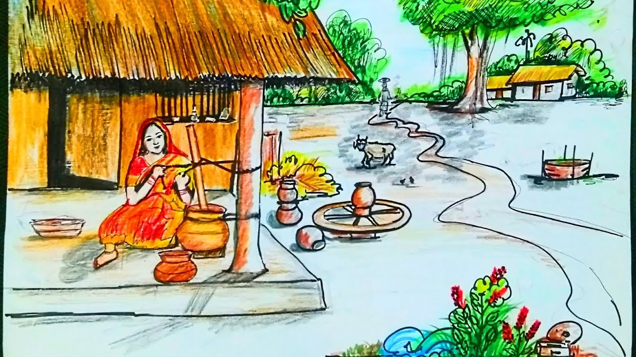 rural life painting step by step/ how to draw village people /Working ...