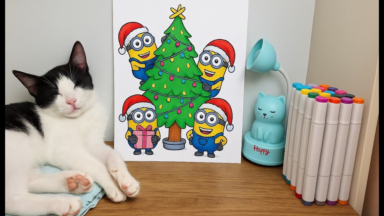 Minion Decorating a Christmas Tree Easy Drawing for Kids Fun Coloring ...