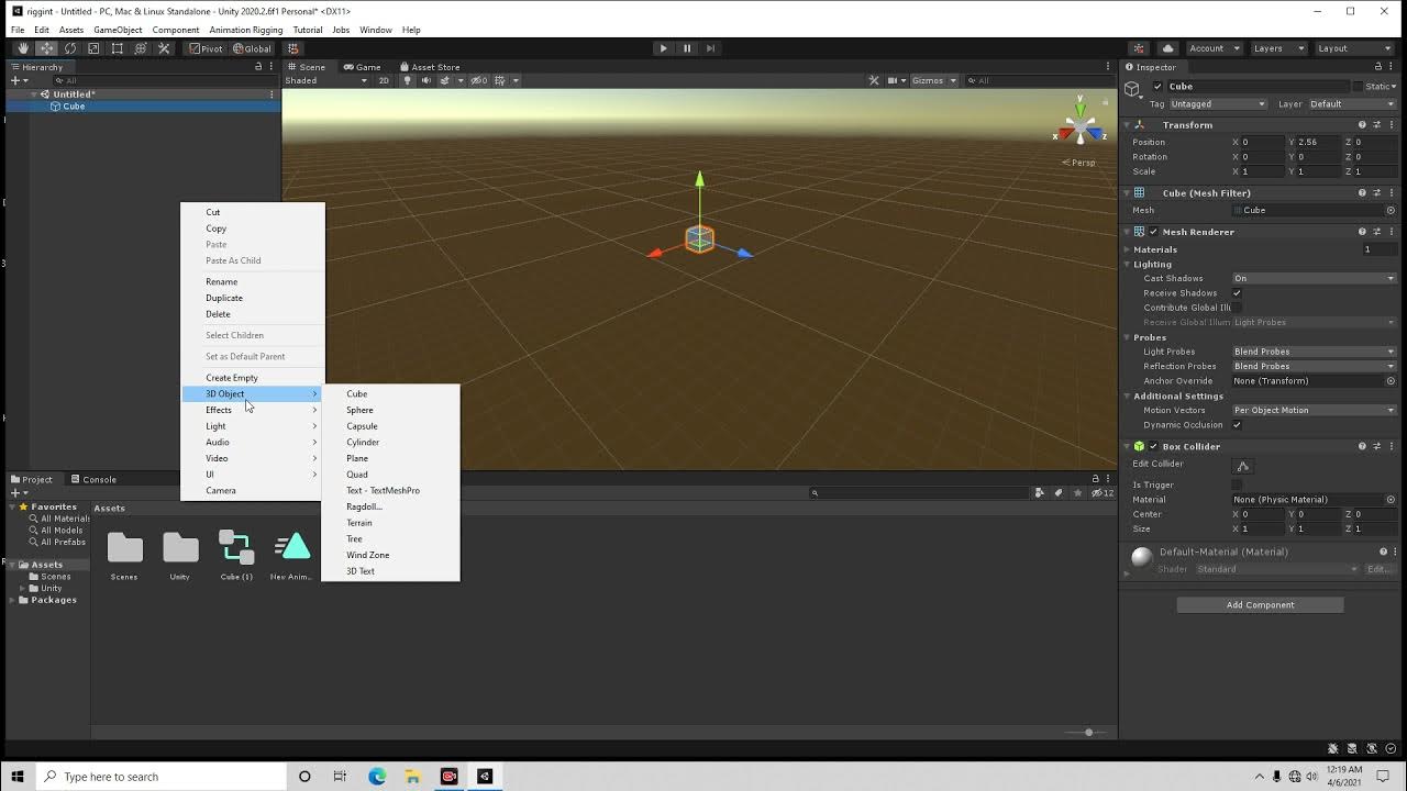 unity create a cube and a plane - YouTube