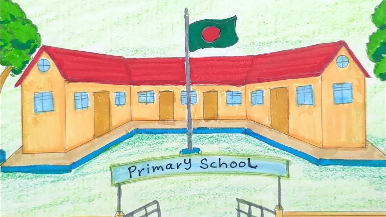 Easy School drawings 🏫 My Village School Art 🚸 - YouTube