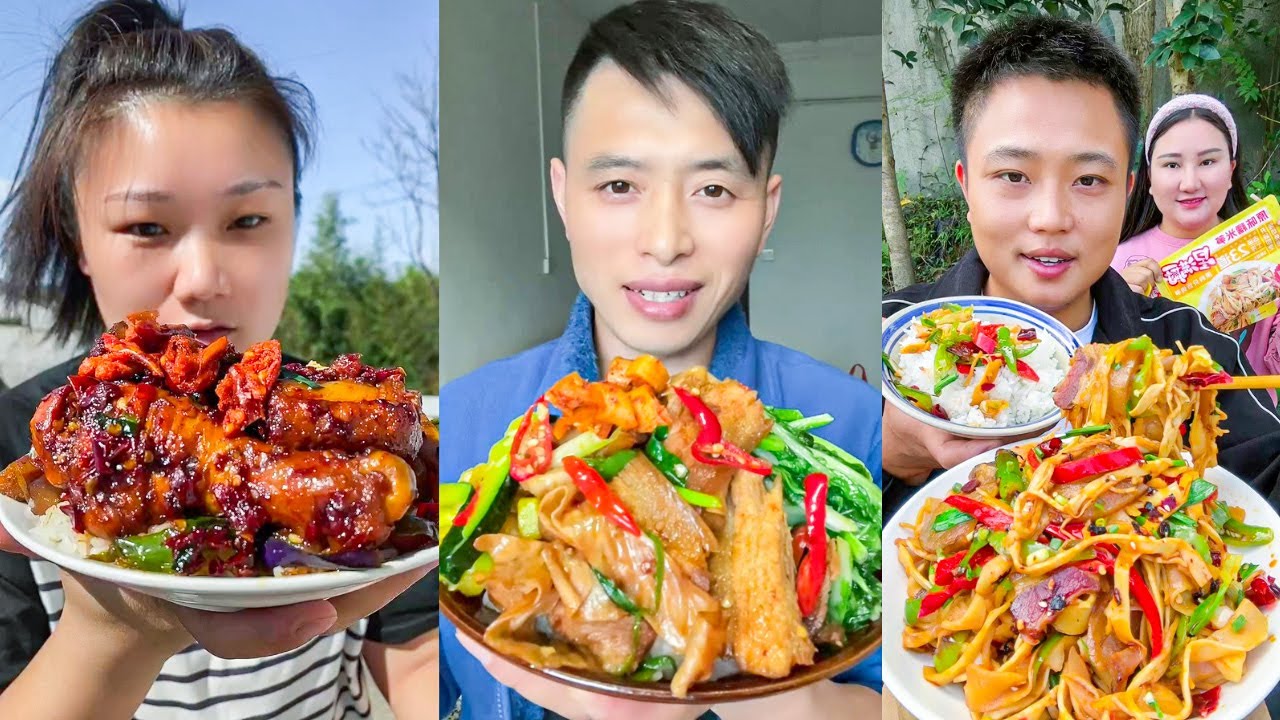 Country Life Food Eating Show Fried chicken rice, fried pork belly ...