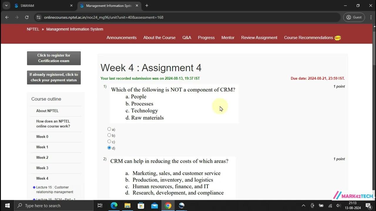 Nptel Management Information System Week4 Assignment 4 Solution July 2024 Youtube