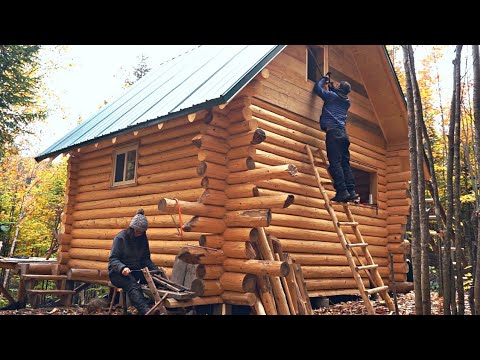 Building A Log Cabin | Ep. 40 | First Windows | Finishing the stone ...