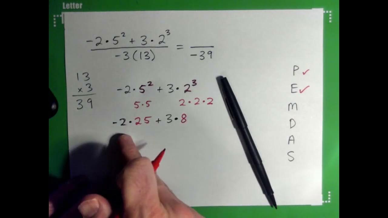 Order of Operations, PEMDAS, Simplify the Fraction: (-2*5^2 + 3*2^3 ...