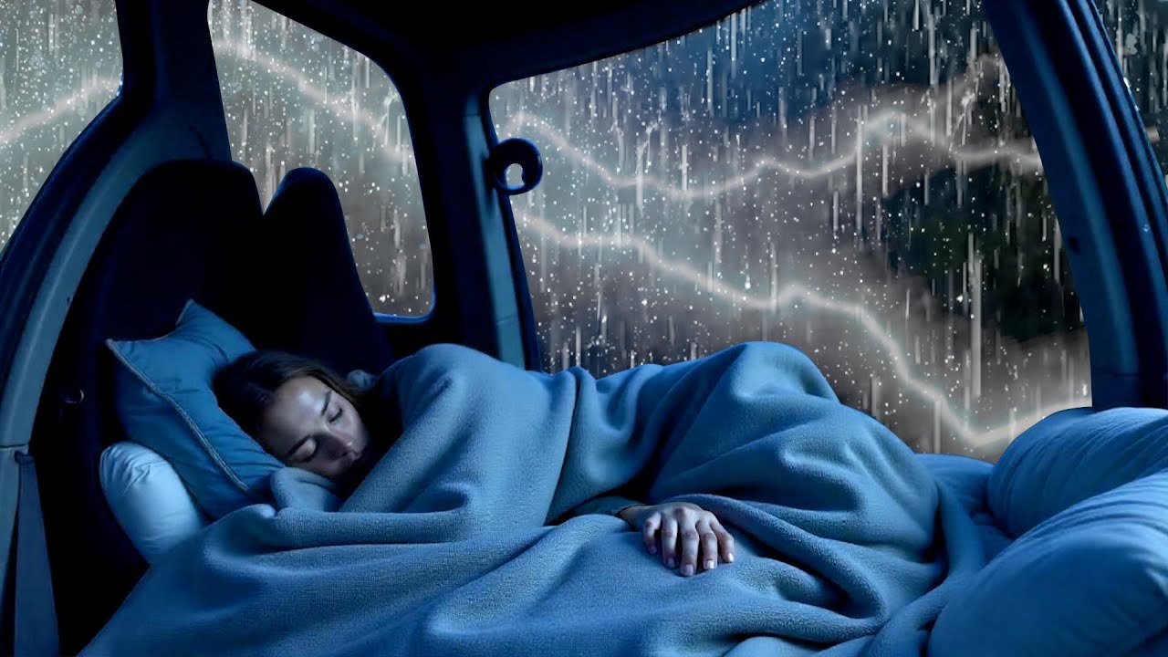 Rain sounds for sleeping ⚡Rain in the car with lightning and thunder ...
