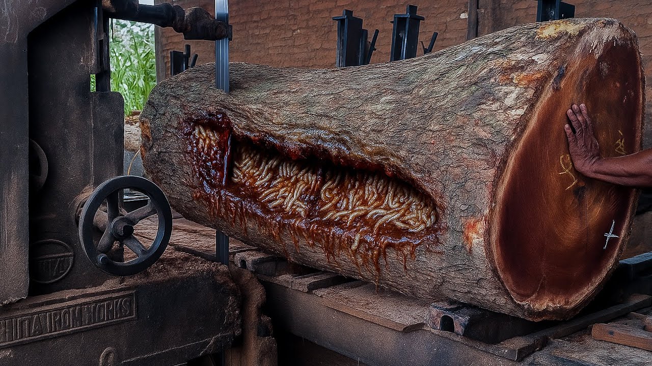 Super strong worker power and tough machine splitting large logs - YouTube