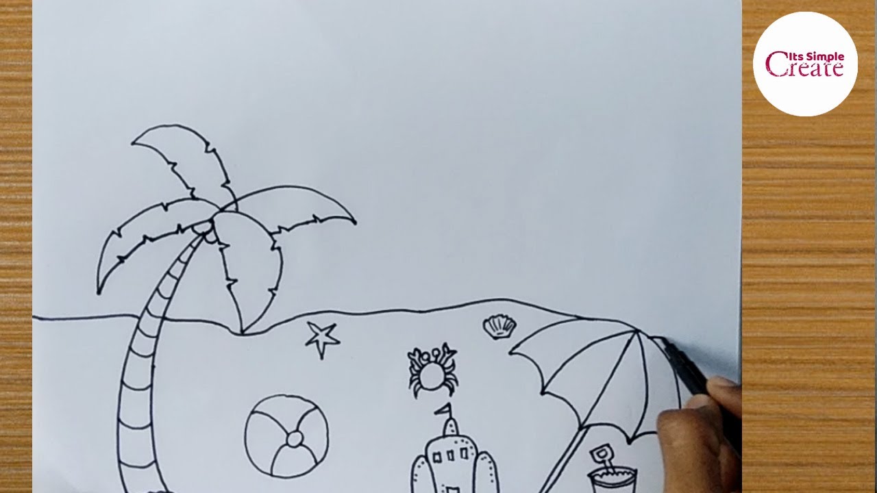 How to draw a beach | Sea Beach Drawing Easy for Kids | கடற்கரை வரைவது ...