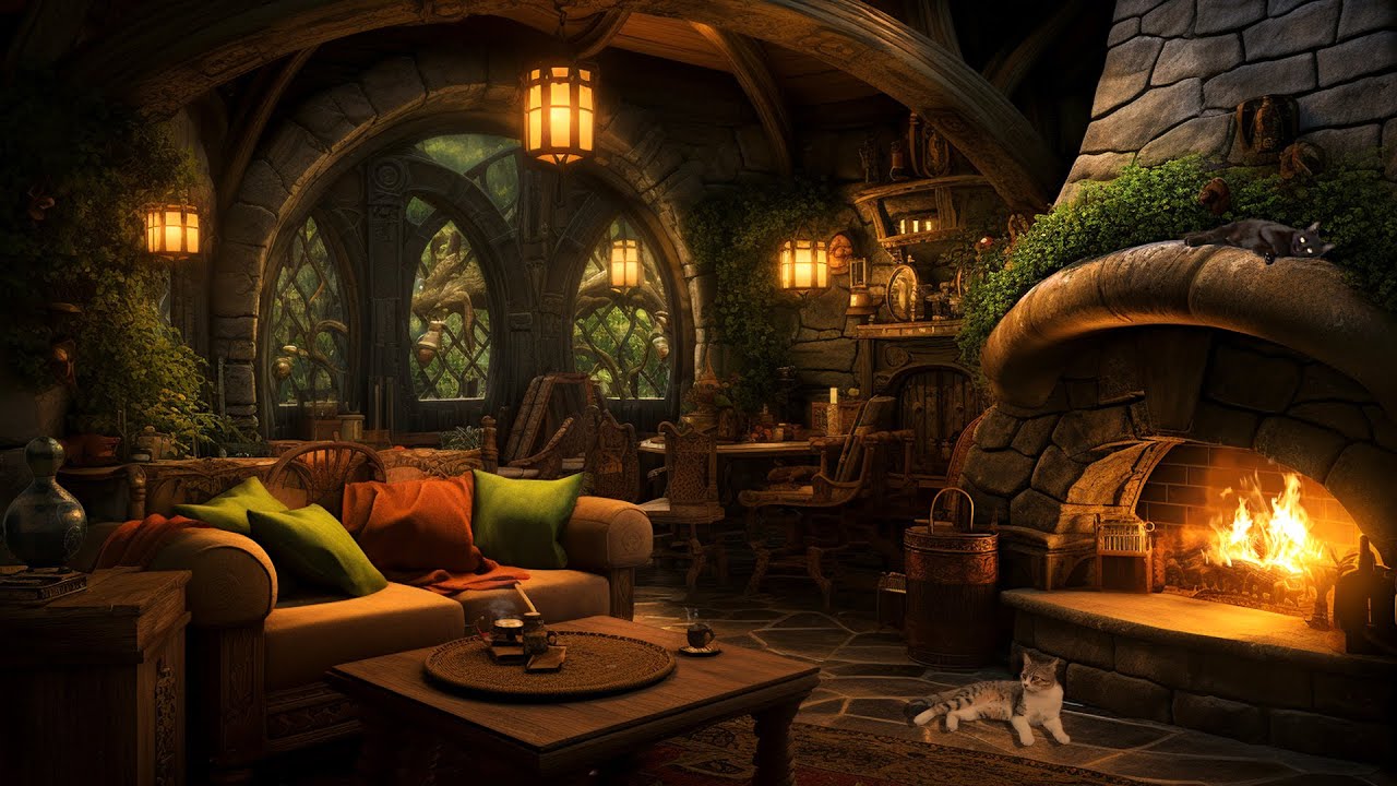 Cozy Hobbit Living Room with Playful Cats - Meditation - Purring Cat ...