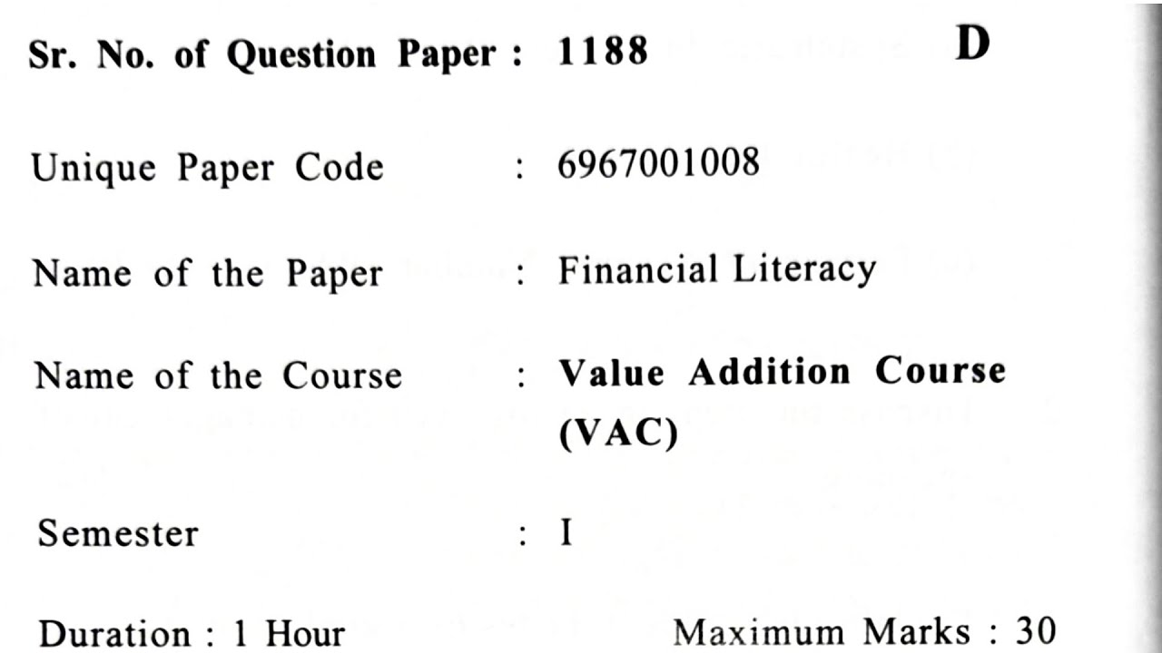 Financial Literacy Value Addition Course VAC Question Paper financial-literacy-value-addition-course-vac-question-paper